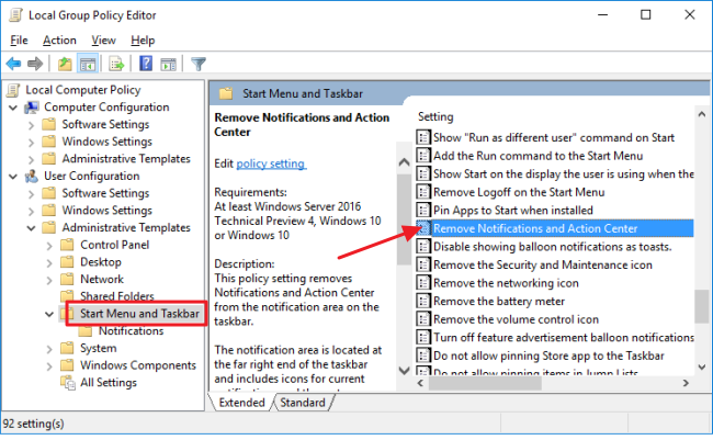 How to Disable the Action Center in Windows 10