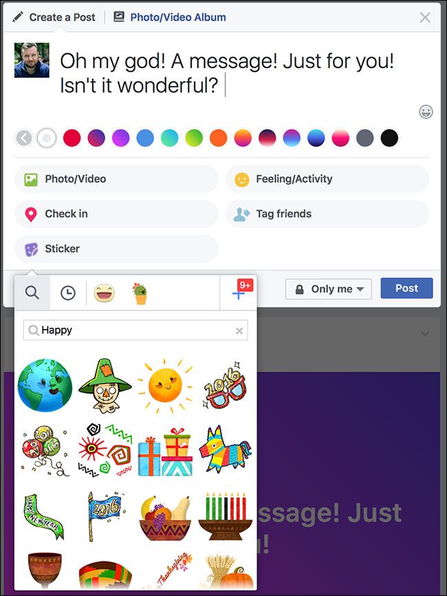 How to Create Facebook Statuses with Colorful Backgrounds or Large Stickers
