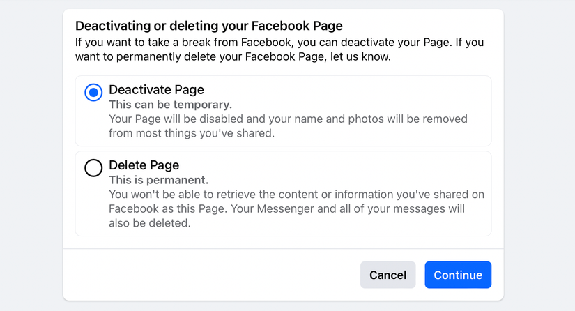 How to Deactivate (Hide) or Delete a Facebook Page